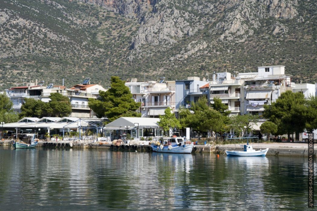 Café grec sur une terrasse du port d’Antikyra